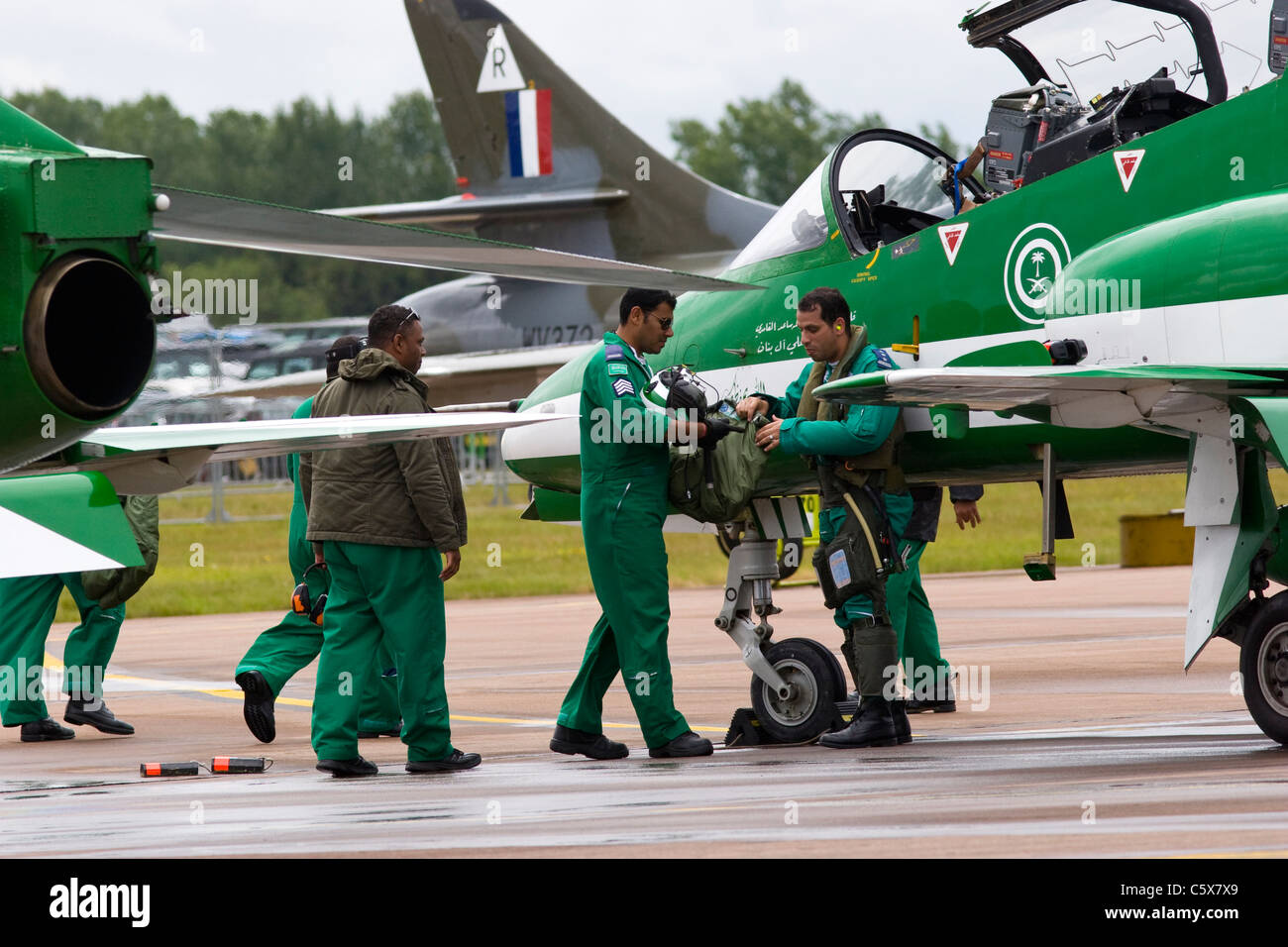 Saudi Hawks aerobatic display team with ground crew after a display ...