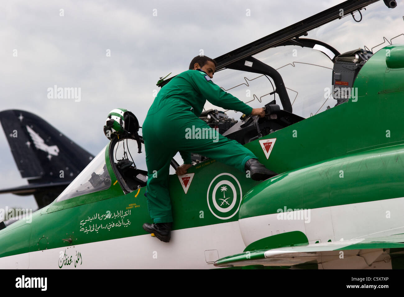 Saudi Hawks aerobatic display team, ground crew covering the aircraft ...