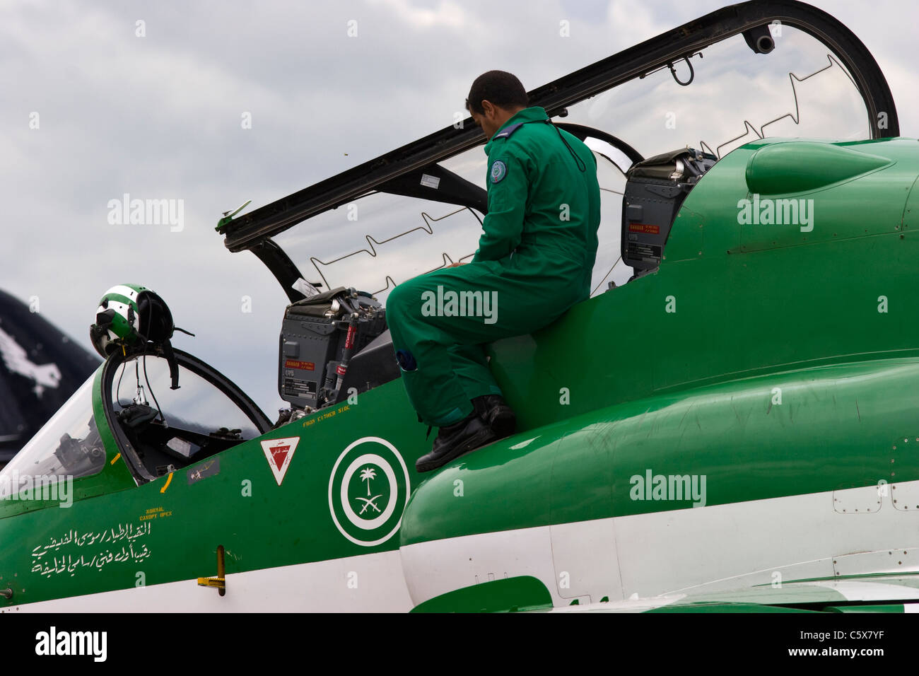 Saudi Hawks aerobatic display team, ground crew covering the aircraft ...