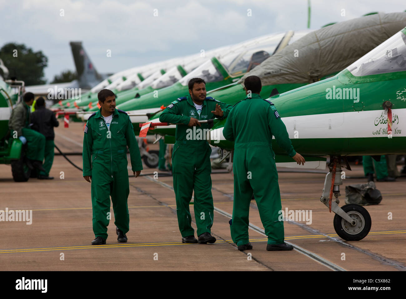 Saudi Hawks aerobatic display team with ground crew after a display ...