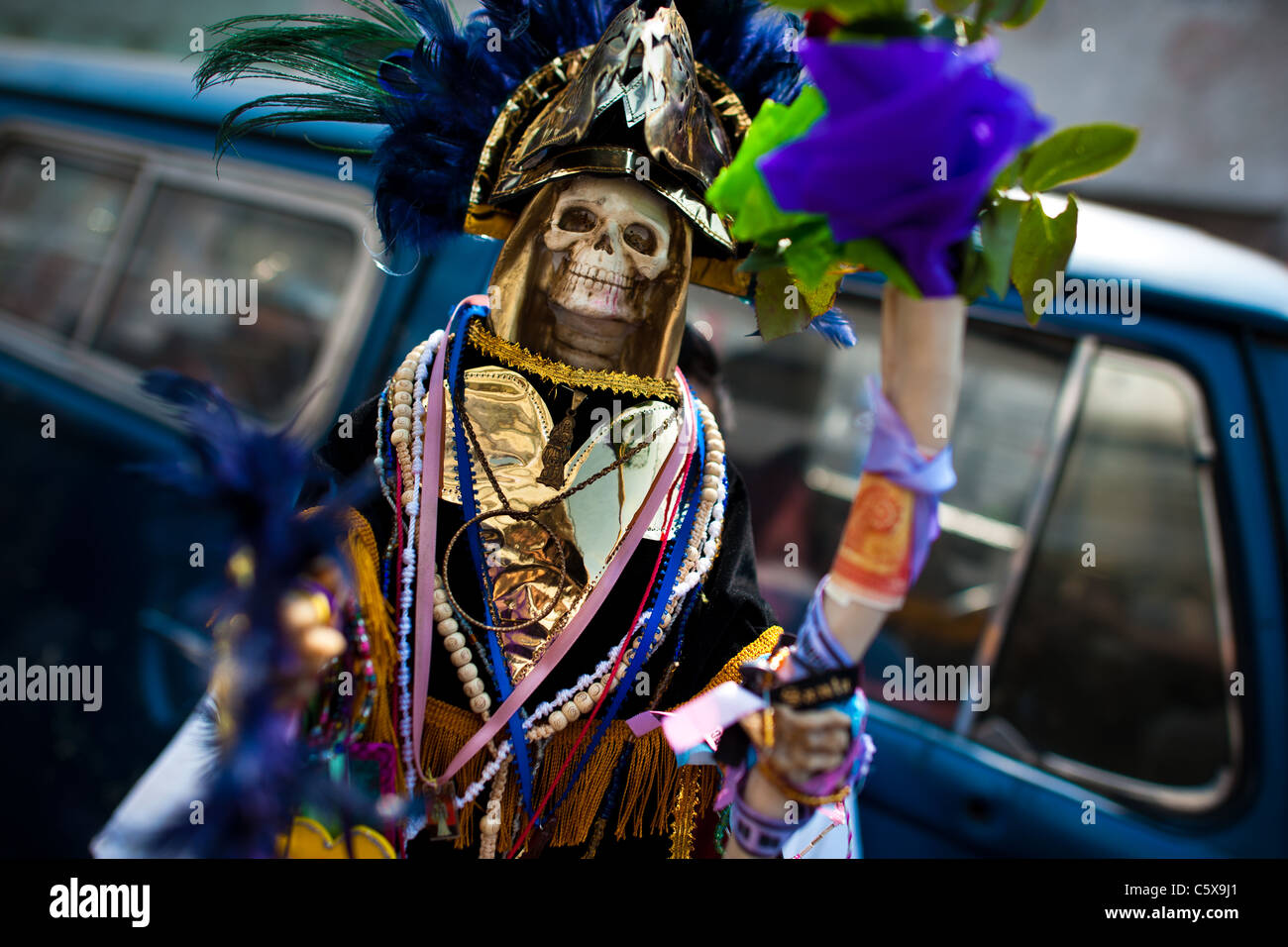 A figurine of Santa Muerte (Saint Death) seen outside the shrine in ...