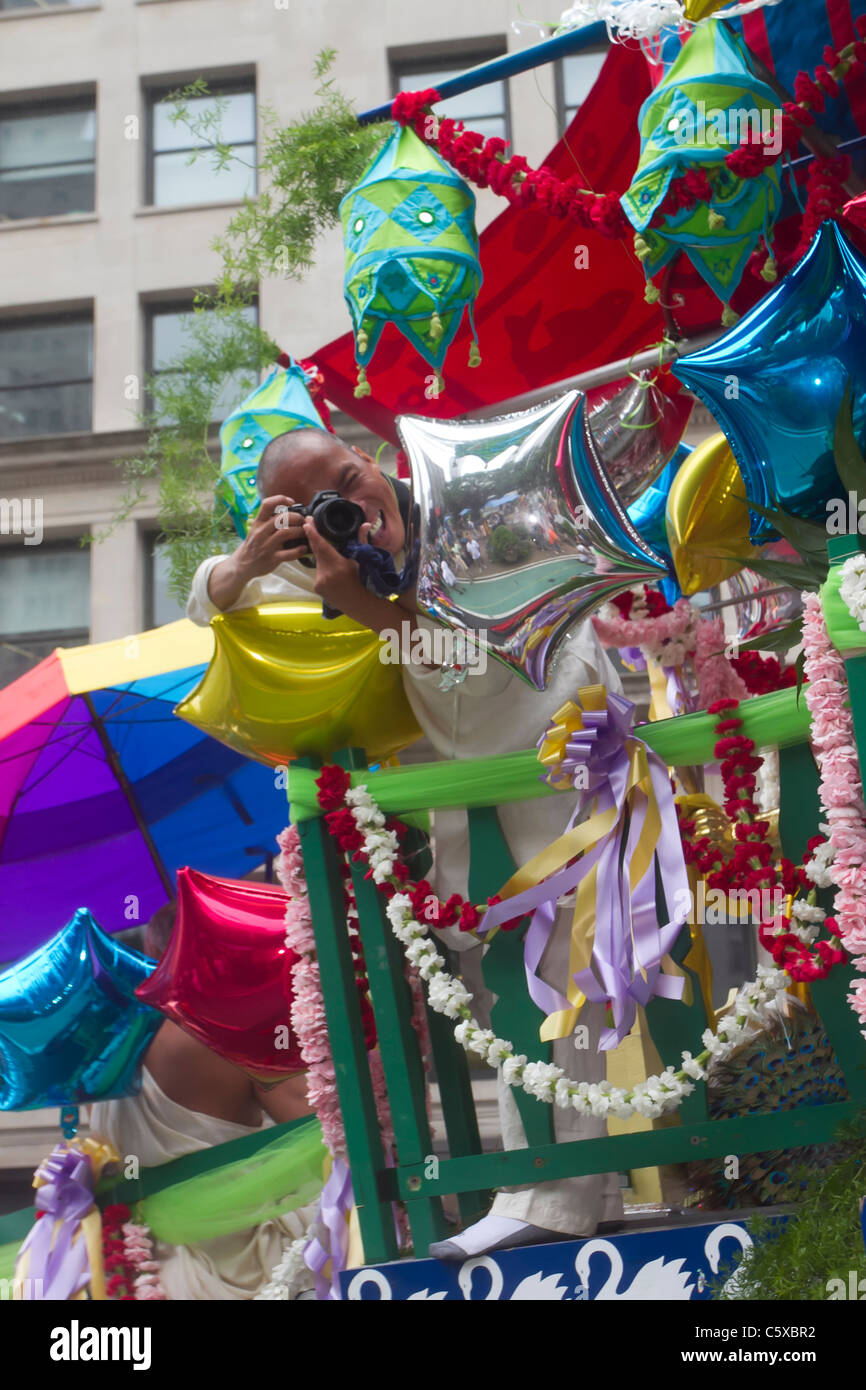 Monk on a prayer wagon in the annual Hare Krishna parade in midtown ...