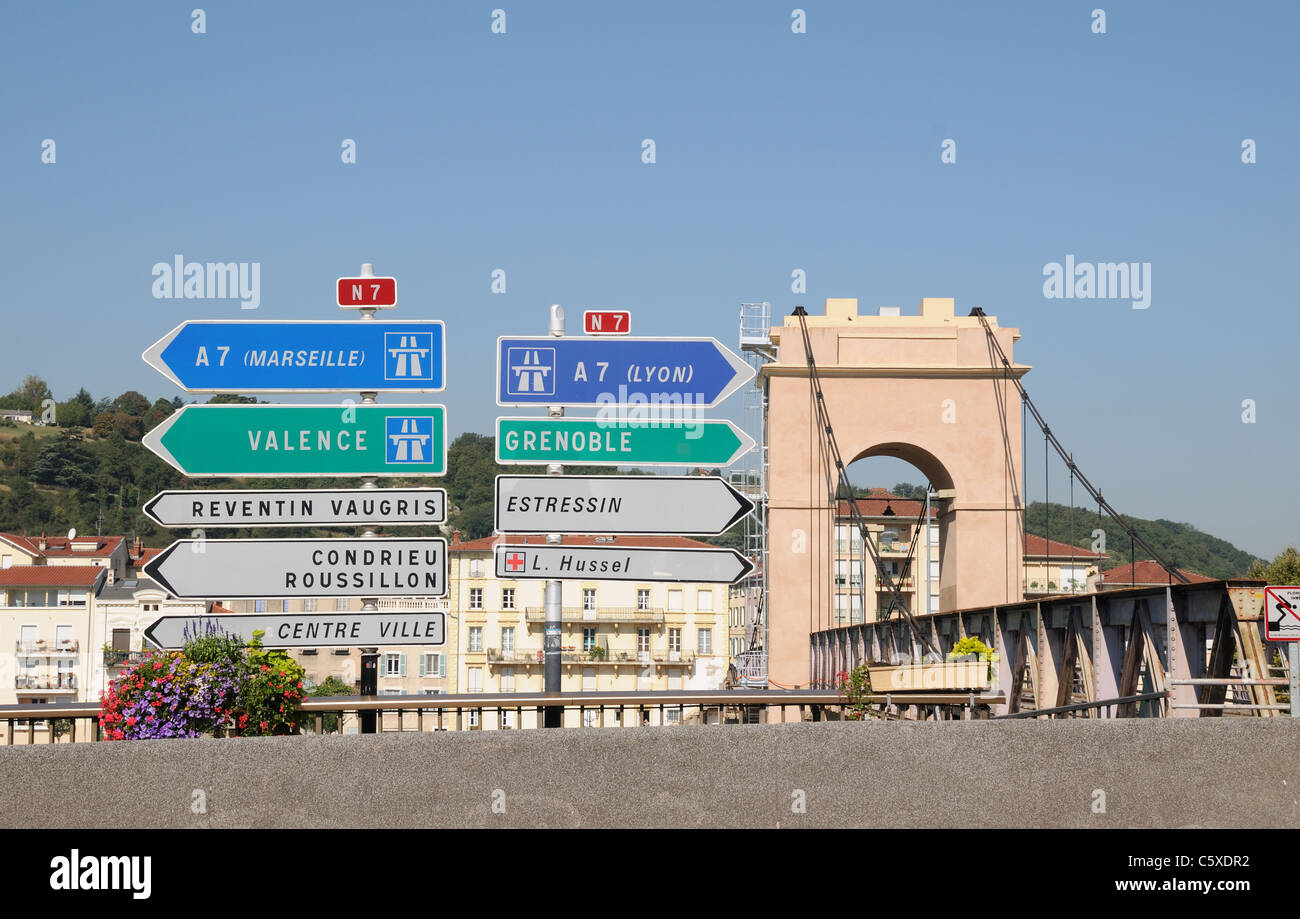 Traffic signs and signposts to auto routes and national roads in Vienne ...
