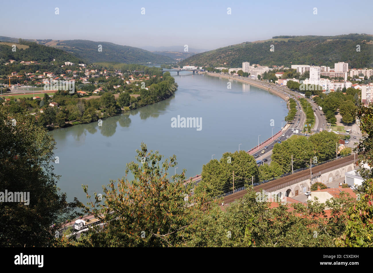 Scenic panorama of River Rhone Vienne France with main national road N7 ...