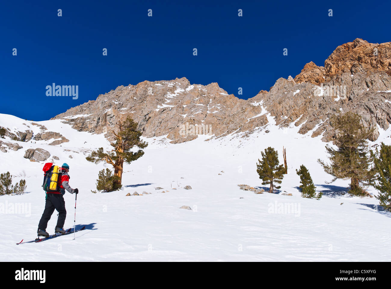 Backcountry skier climbing Piute Pass, Inyo National Forest, Sierra ...