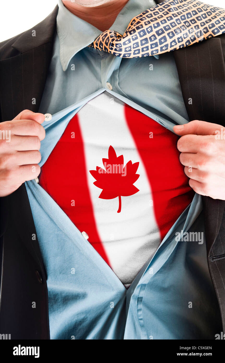 Business man showing Canada flag shirt Stock Photo - Alamy