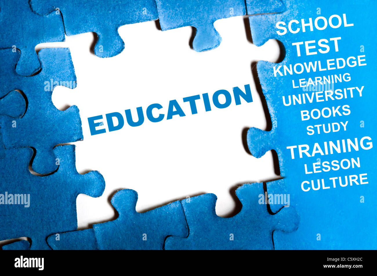 Education blue puzzle pieces assembled Stock Photo - Alamy
