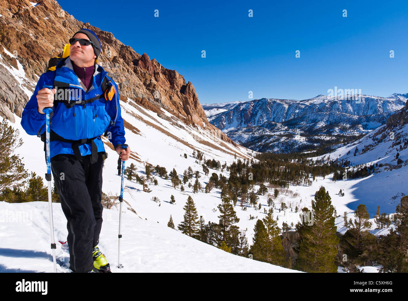 Backcountry skier climbing Piute Pass, Inyo National Forest, Sierra ...