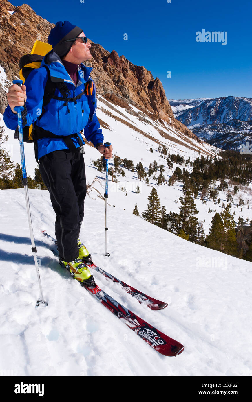 Backcountry skier climbing Piute Pass, Inyo National Forest, Sierra ...