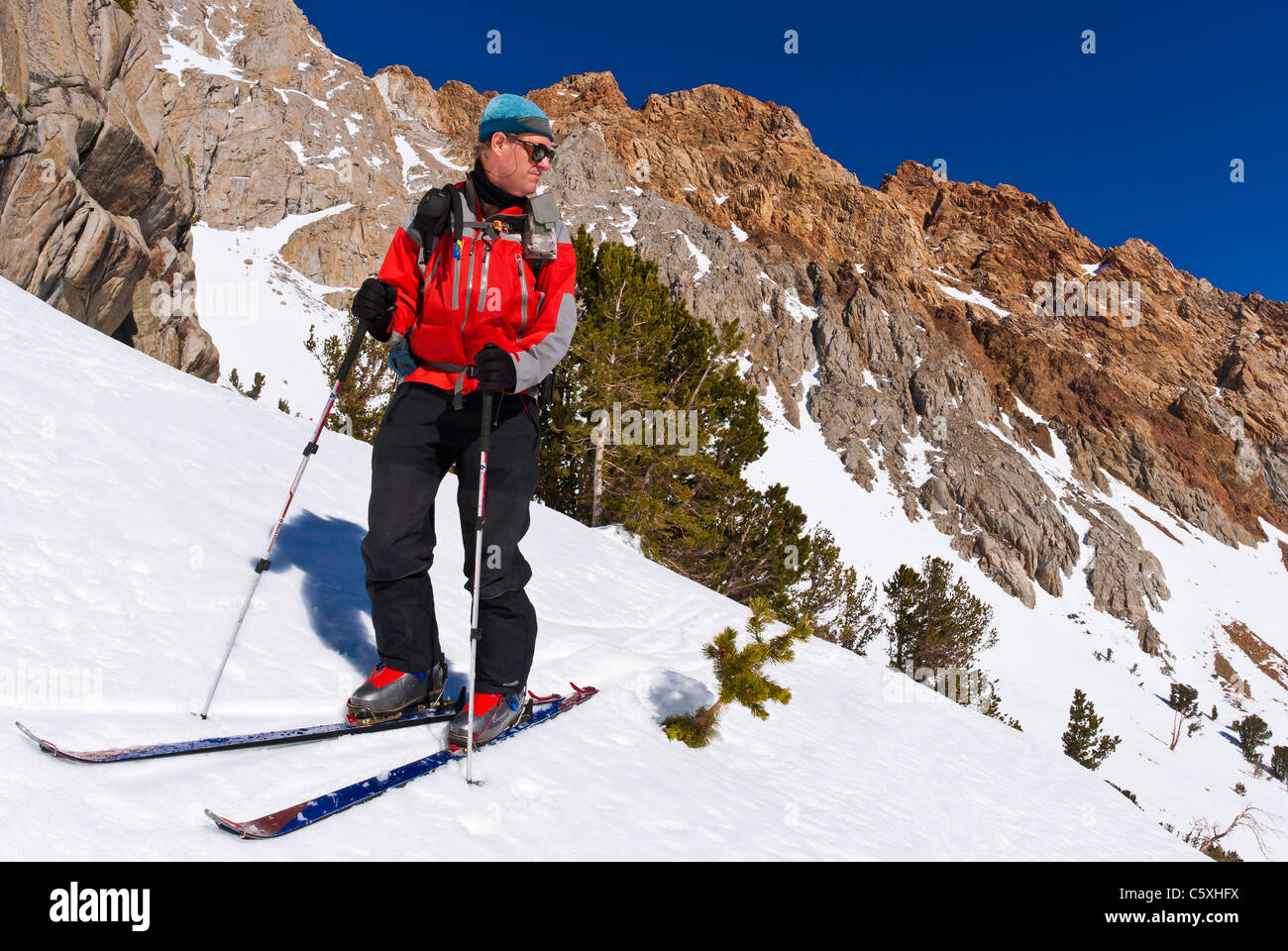 Backcountry skier climbing Piute Pass, Inyo National Forest, Sierra ...