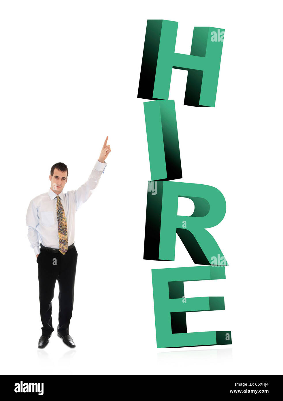 Business man pointing on word Hire Stock Photo - Alamy