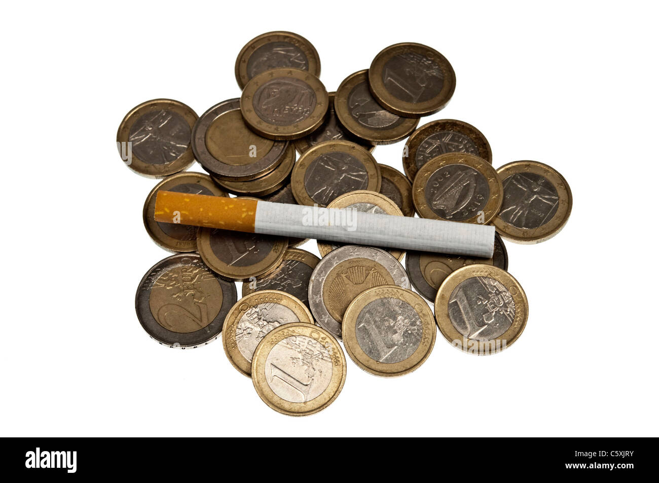 Cigarette on money on white background Stock Photo - Alamy