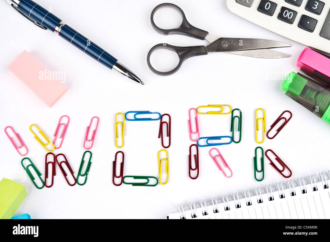 Work word made by paper clips and other supplies Stock Photo - Alamy