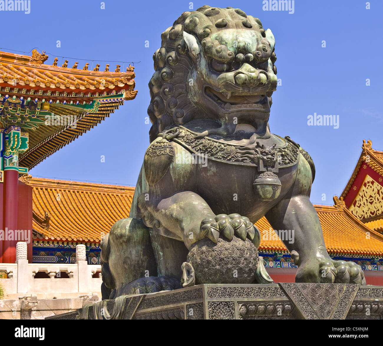 Bronze lion near the entrance to Emperor Temple in Forbidden City Stock ...