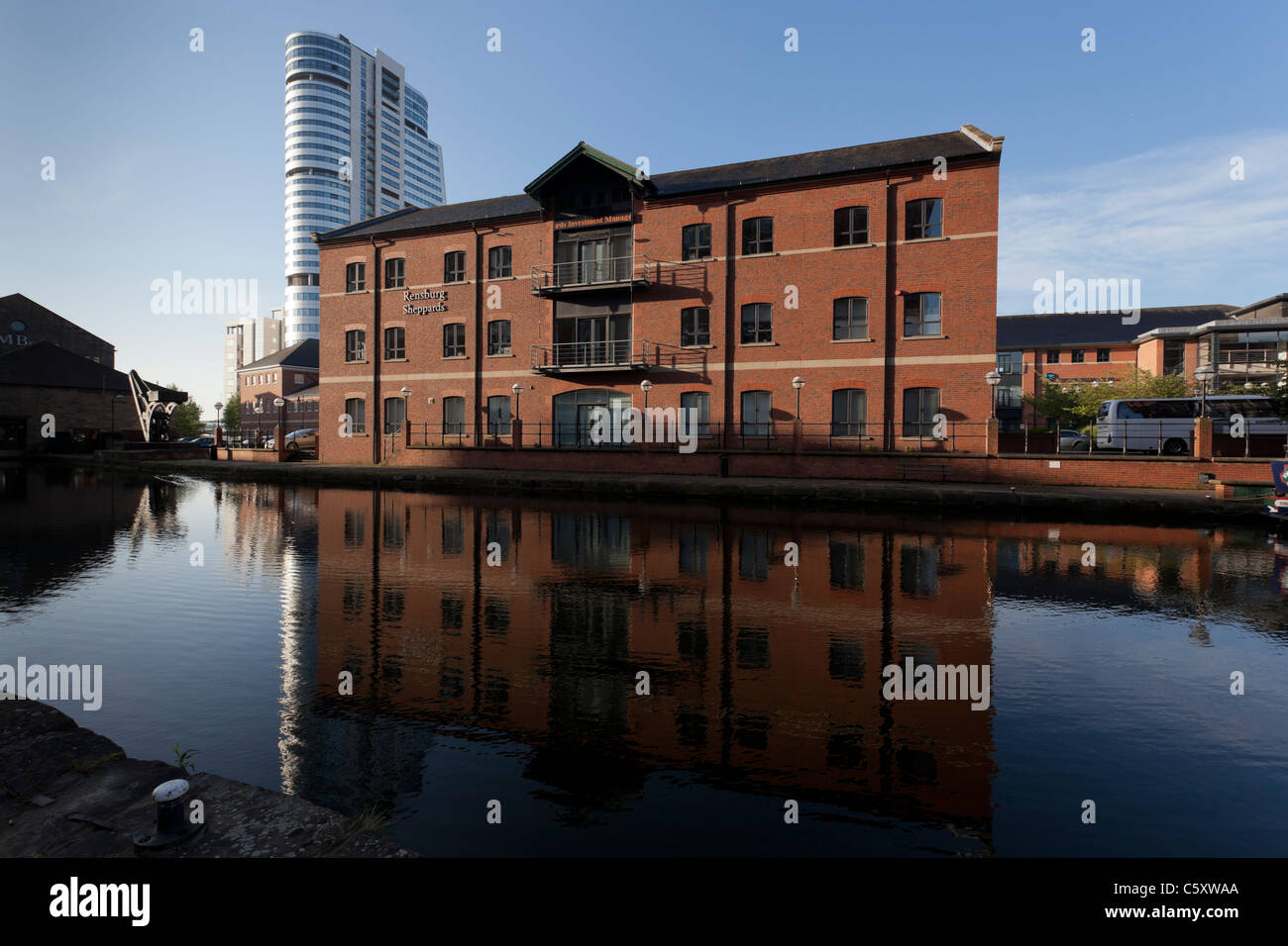 Modern buildings by The River Aire in Leeds, part of the waterfront ...