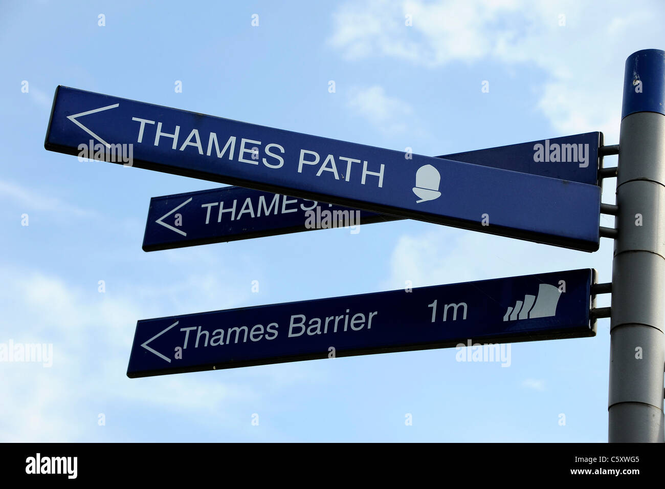 Direction signs on Greenwich Peninsula along Thames-side Path Stock ...