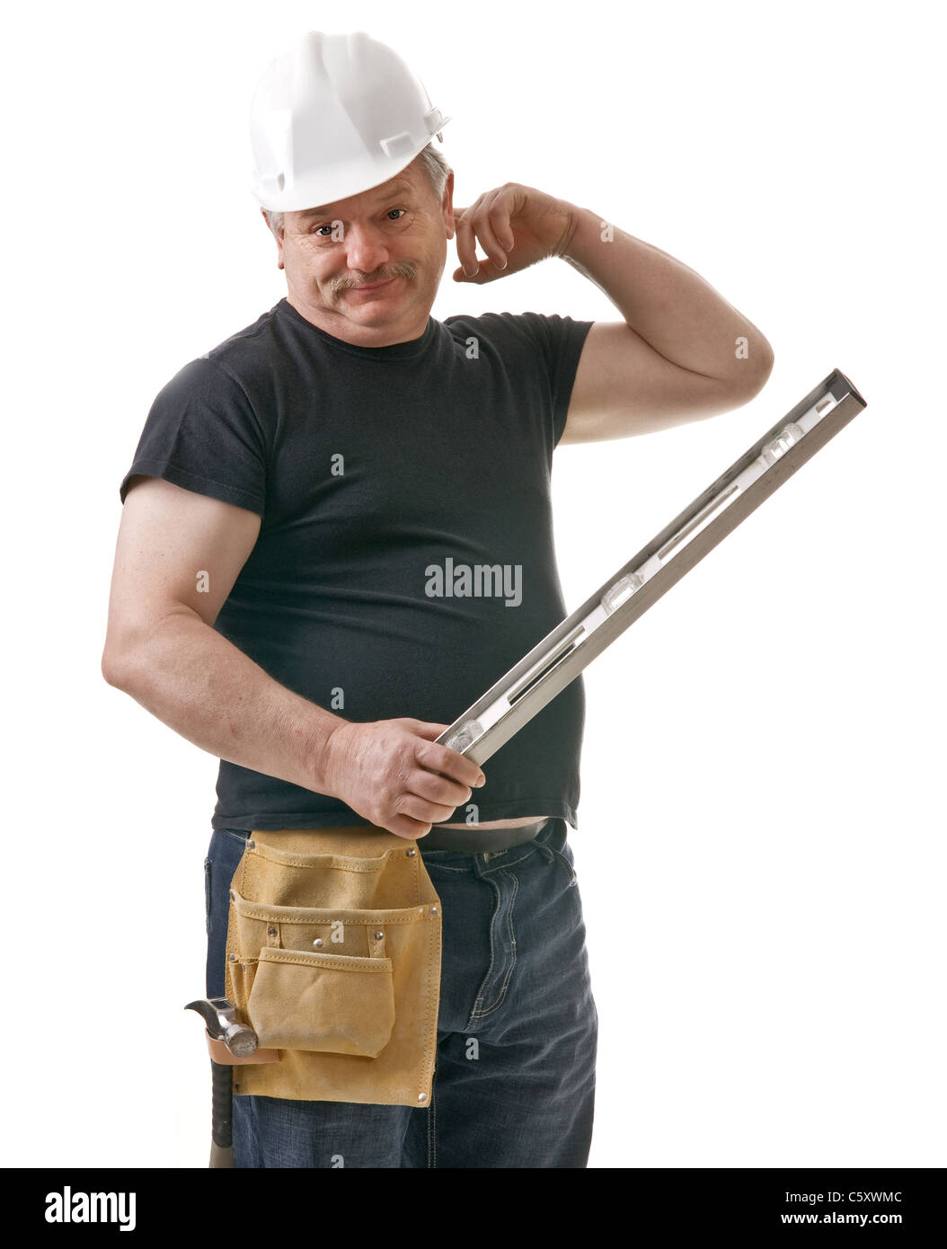 Tradesman on the job solving problems contractor portrait on white ...