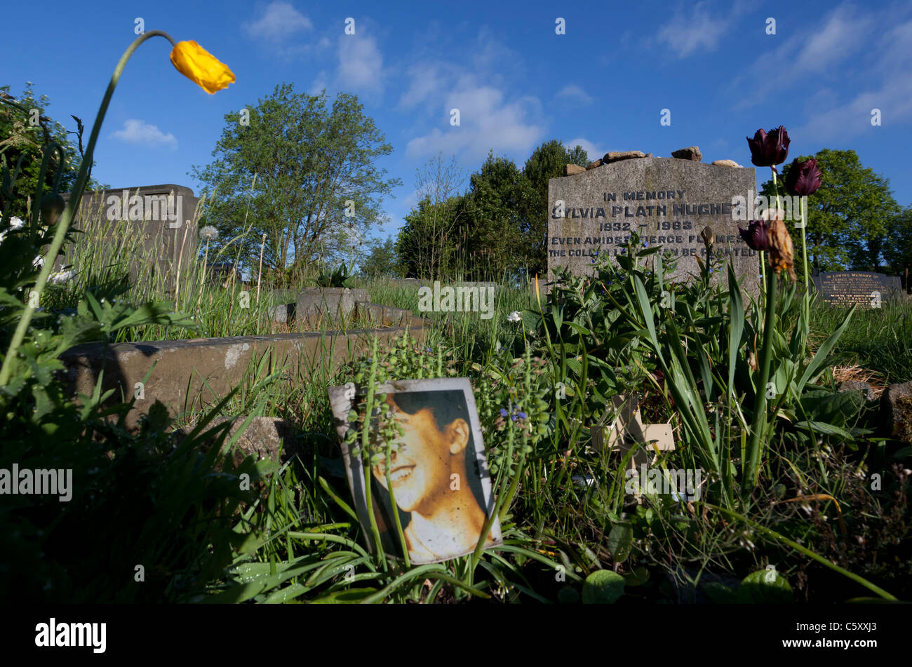 The grave of American poet Slyvia Plath in the churchyard of the Parish Church of Heptonstall ...
