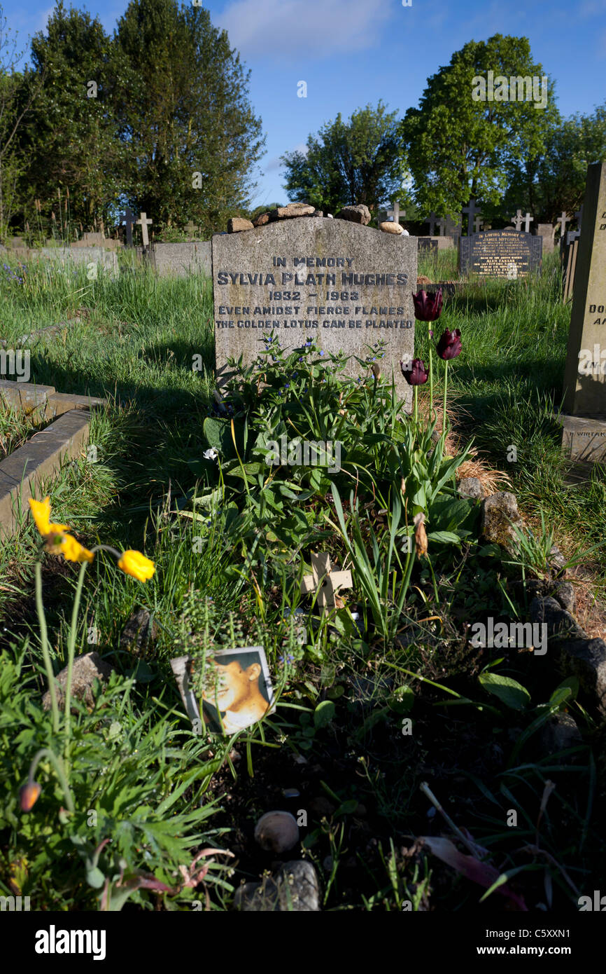 The grave of American poet Slyvia Plath in the churchyard of the Parish Church of Heptonstall ...