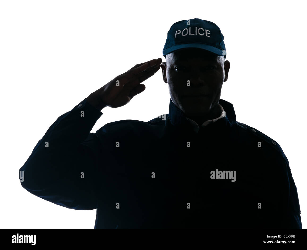 Close-up of an Afro American policeman saluting in studio on white ...