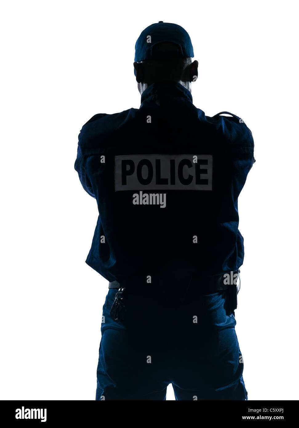 Rear view of an afro American police officer standing isolated on white ...