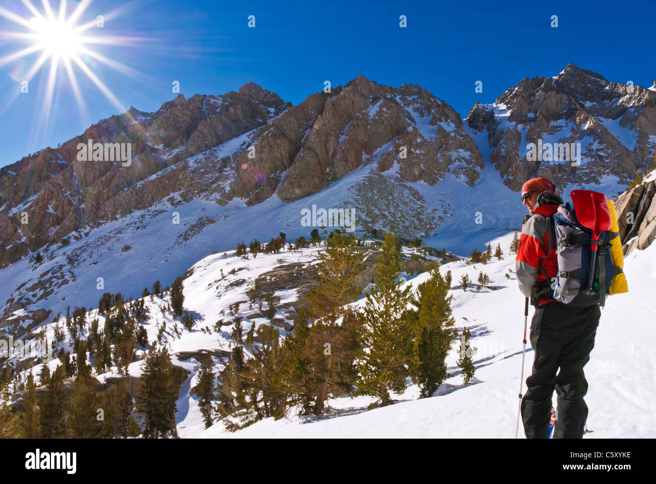 Backcountry skier climbing Piute Pass, Inyo National Forest, Sierra ...