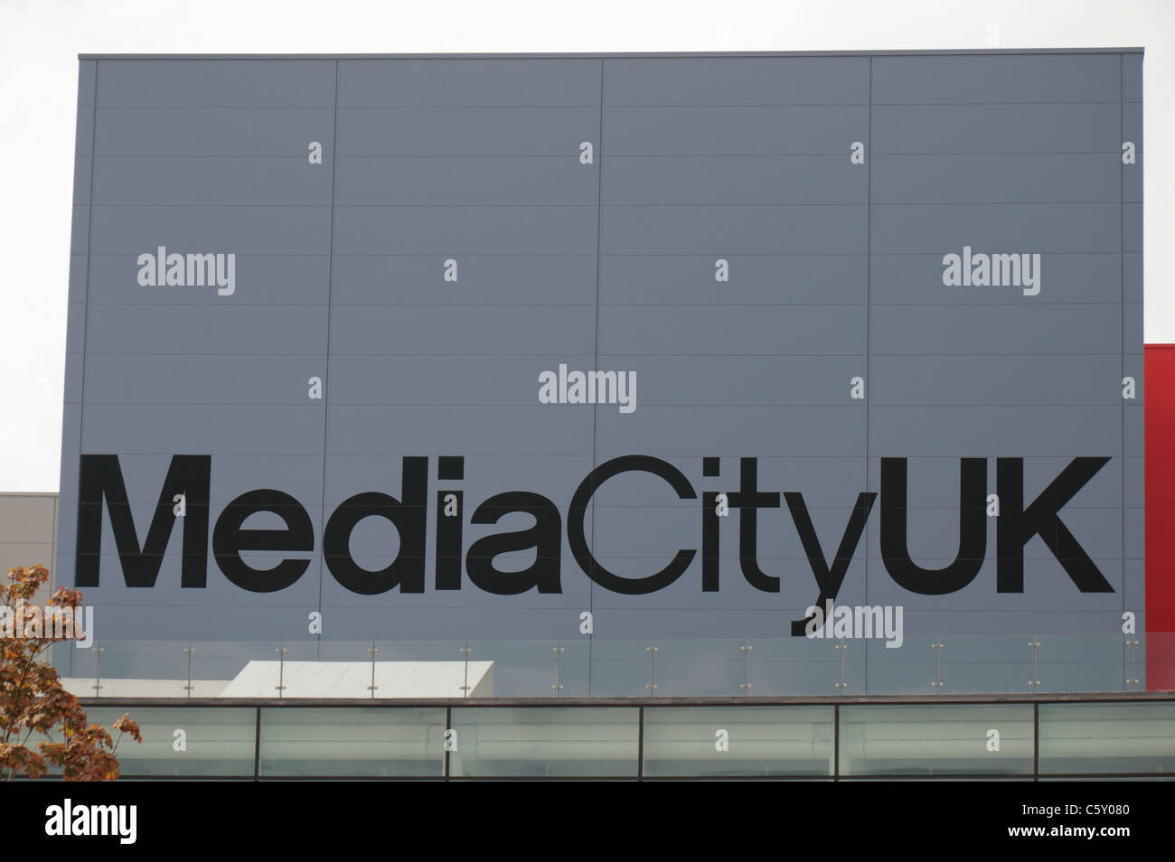 Close up of the large MediaCityUK logo sign above the entrance to the ...