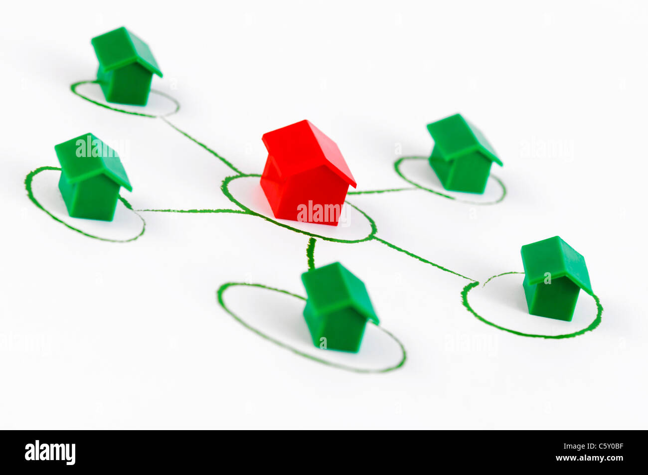 Easy network with green and red model houses isolated on white Stock ...