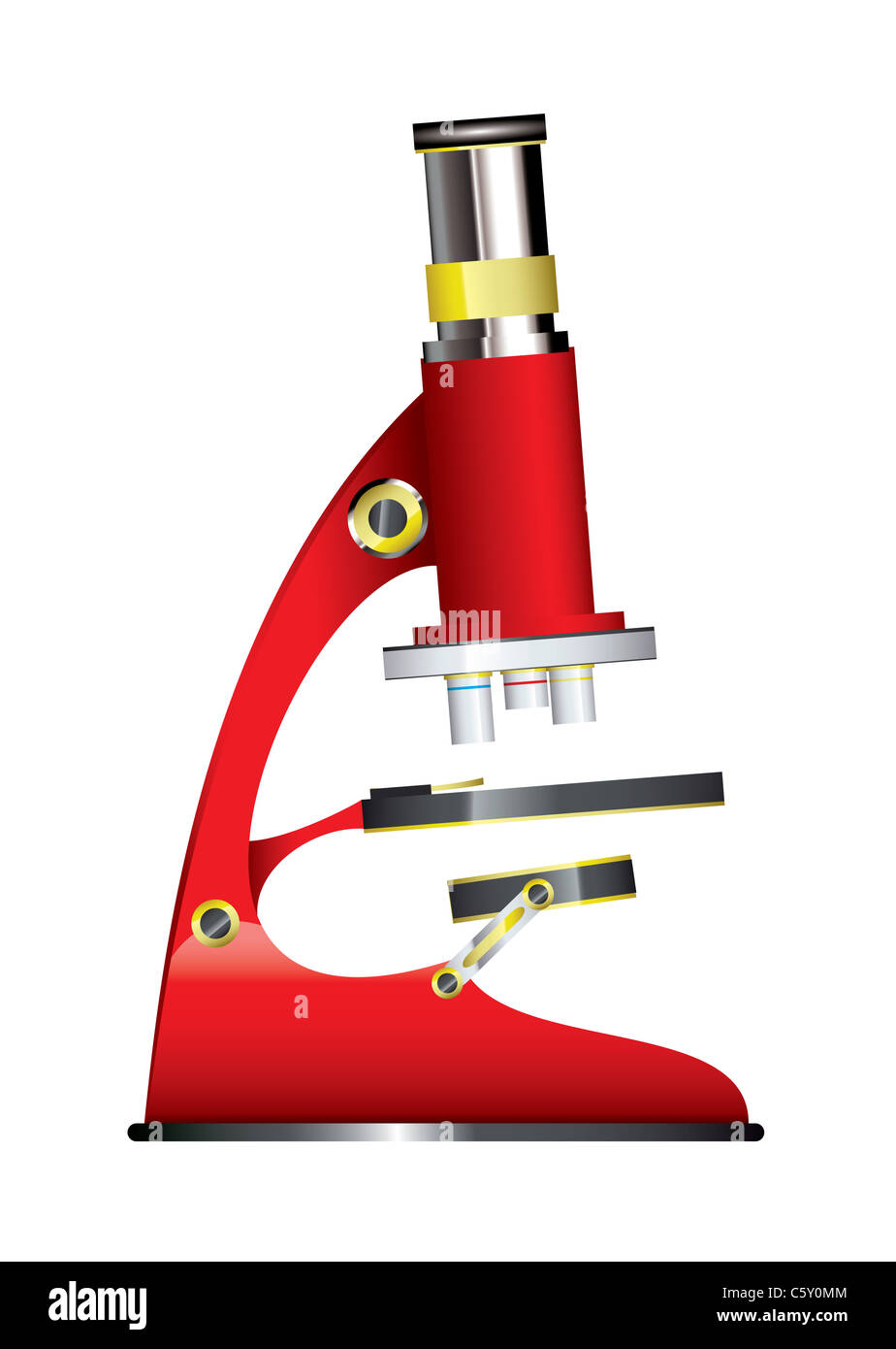 Red schools science microscope with three lens Stock Photo - Alamy