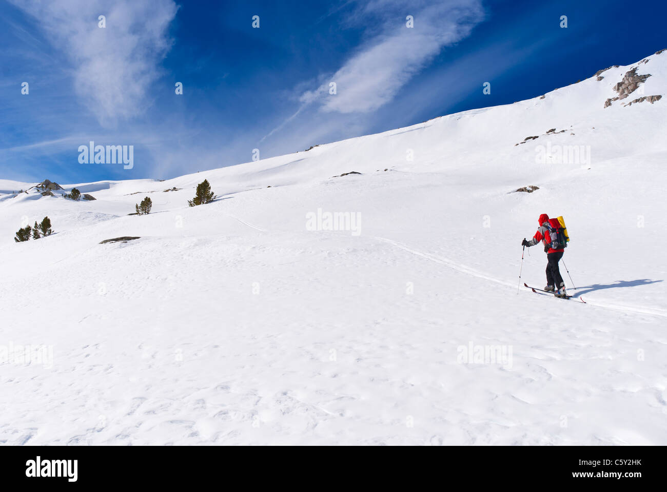 Backcountry skier under Piute Pass, Inyo National Forest, Sierra Nevada ...