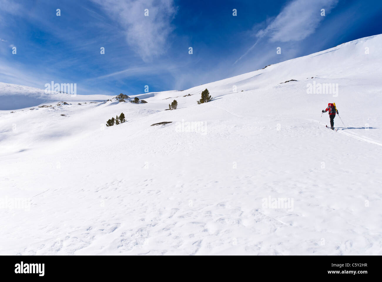 Backcountry skier under Piute Pass, Inyo National Forest, Sierra Nevada ...