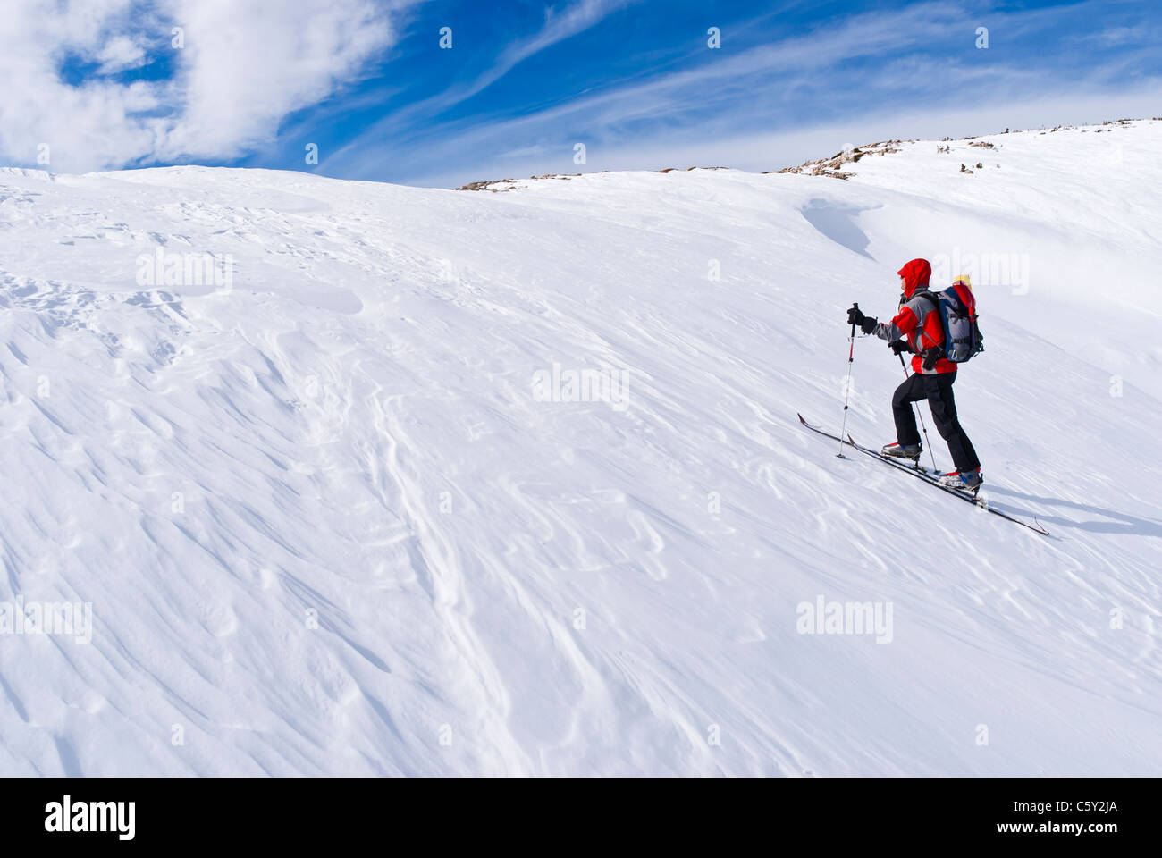 Backcountry skier under Piute Pass, Inyo National Forest, Sierra Nevada ...
