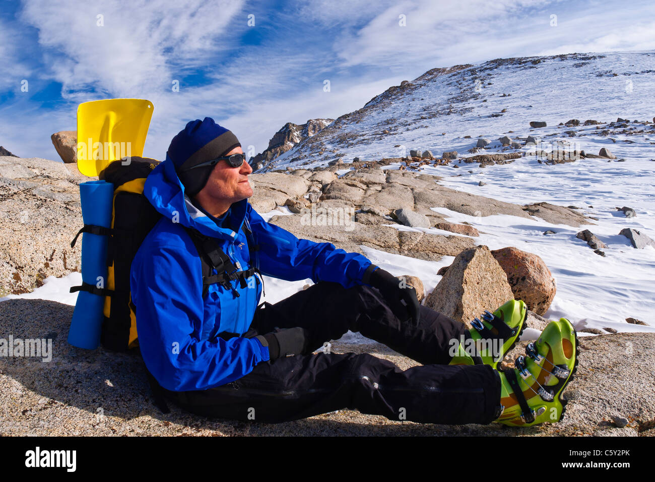 Backcountry skier enjoying the view from Piute Pass, Inyo National ...