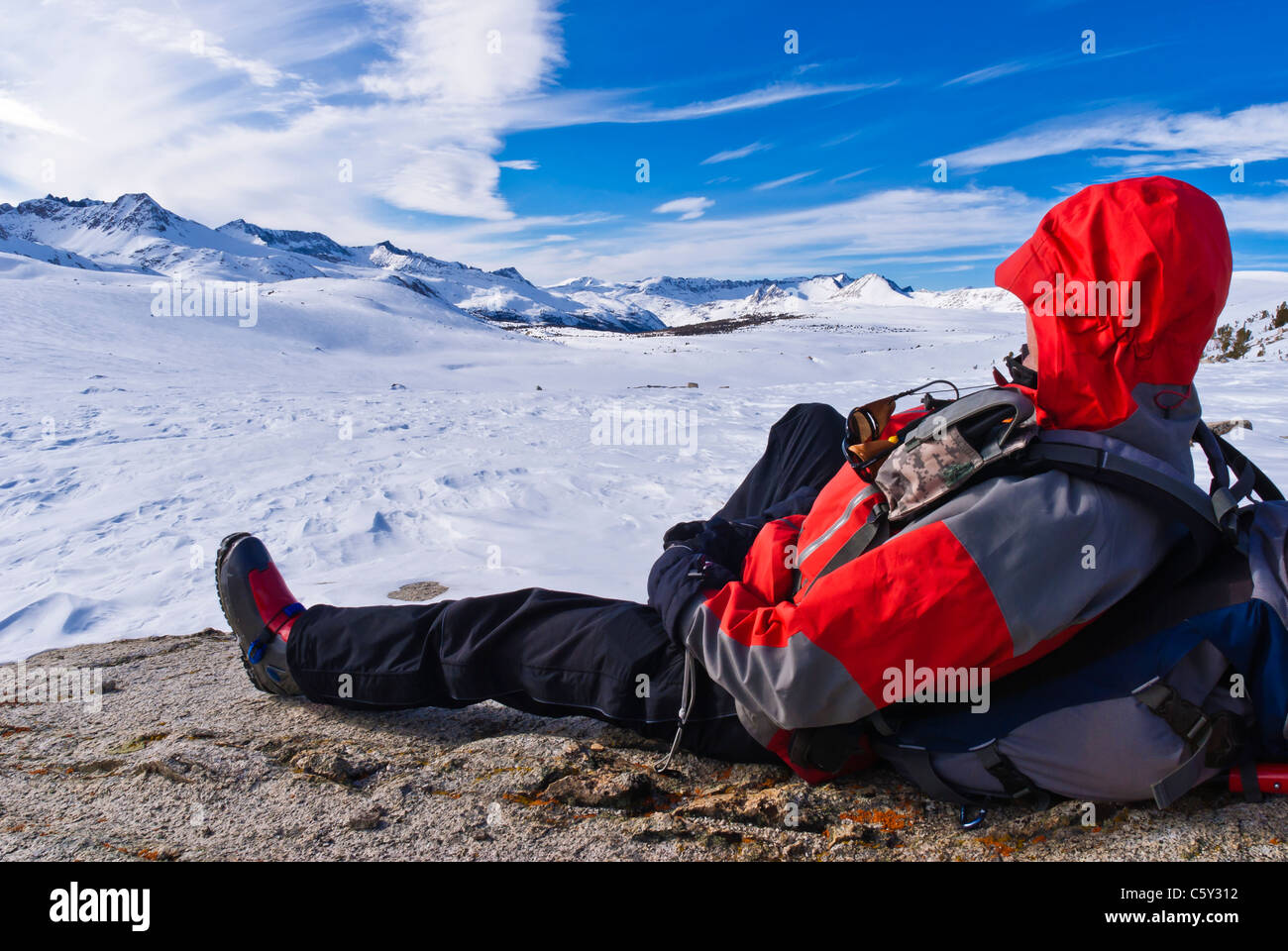 Backcountry skier enjoying the view from Piute Pass, Inyo National ...