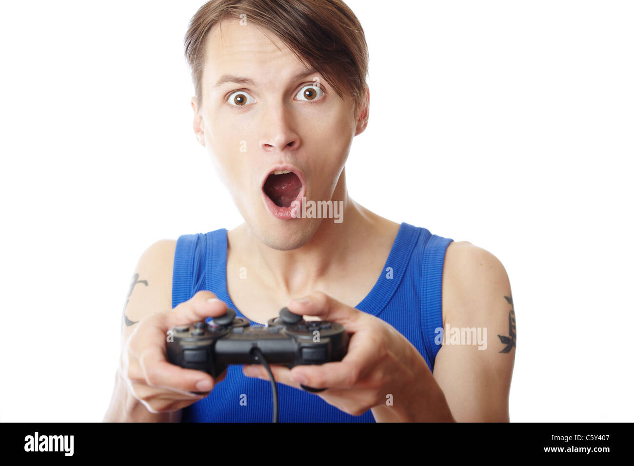 Man with joystick playing horror computer game Stock Photo - Alamy