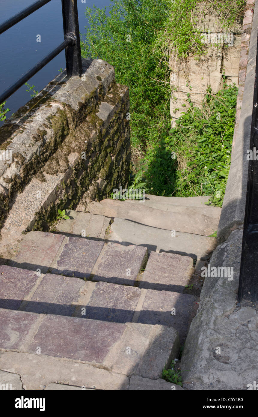 Stone steps leading down to the River Severn, Ironbridge, Shropshire ...