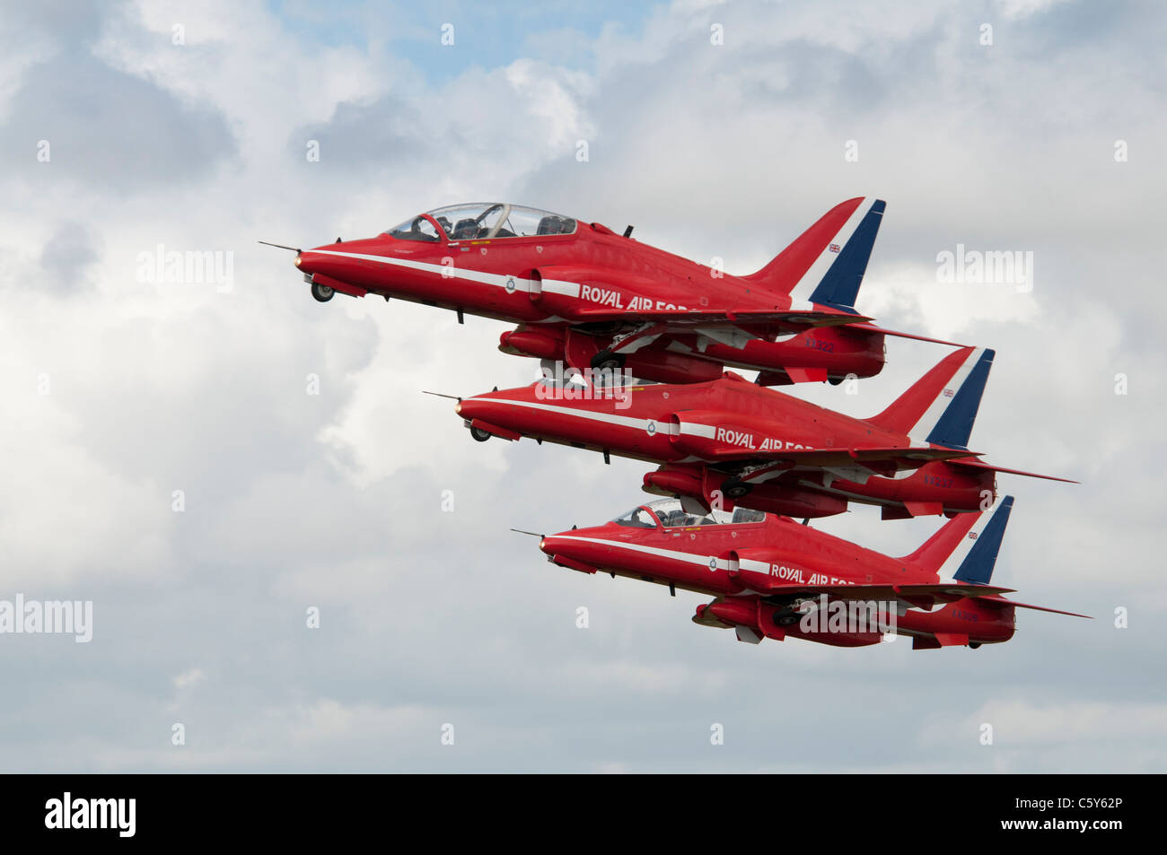Three British Hawk T1 military jets from the Red Arrows aerobatic ...