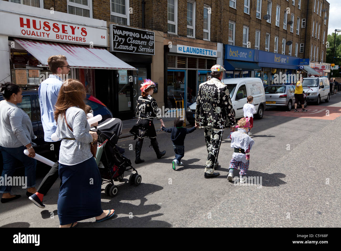 Pearly King leading parade in Wapping, east end of London Stock Photo ...