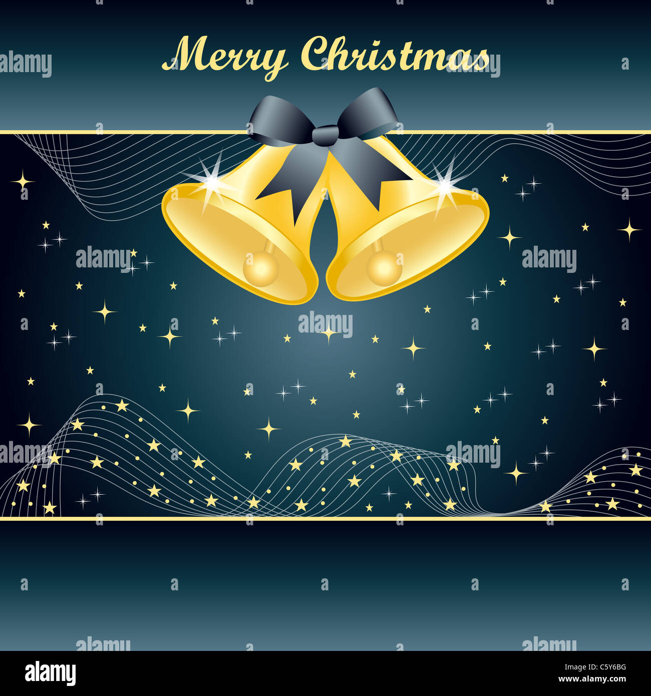 Gold christmas bells with pretty bow and yellow stars on a slate blue ...