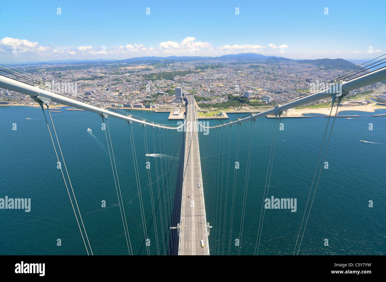 Akashi Kaikyo Bridge in Kobe, Japan, viewed from nearly 300 meters up ...