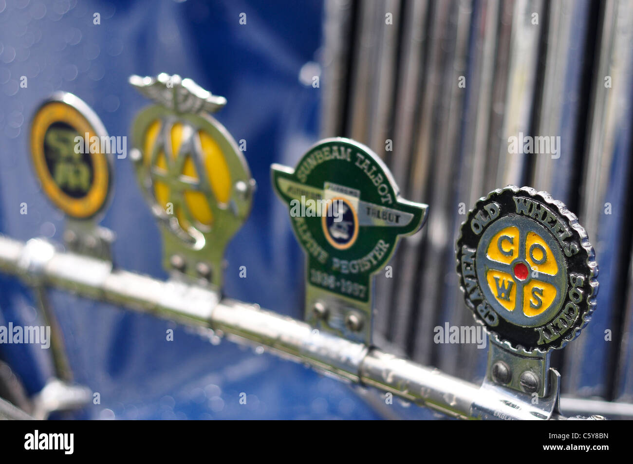 Classic British motoring association badges and emblems fixed to a ...