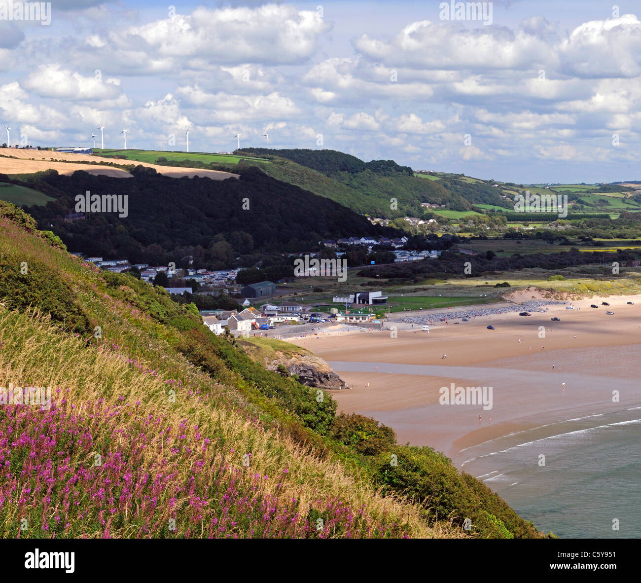 Pendine Sands in South Wales. A view of the village and beach from the ...