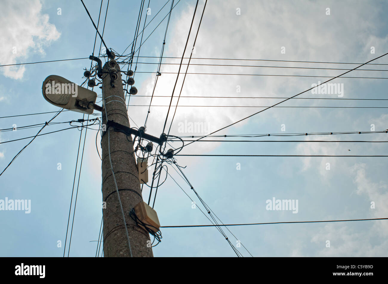 Old electrical wiring. Column on blue sky background Stock Photo - Alamy