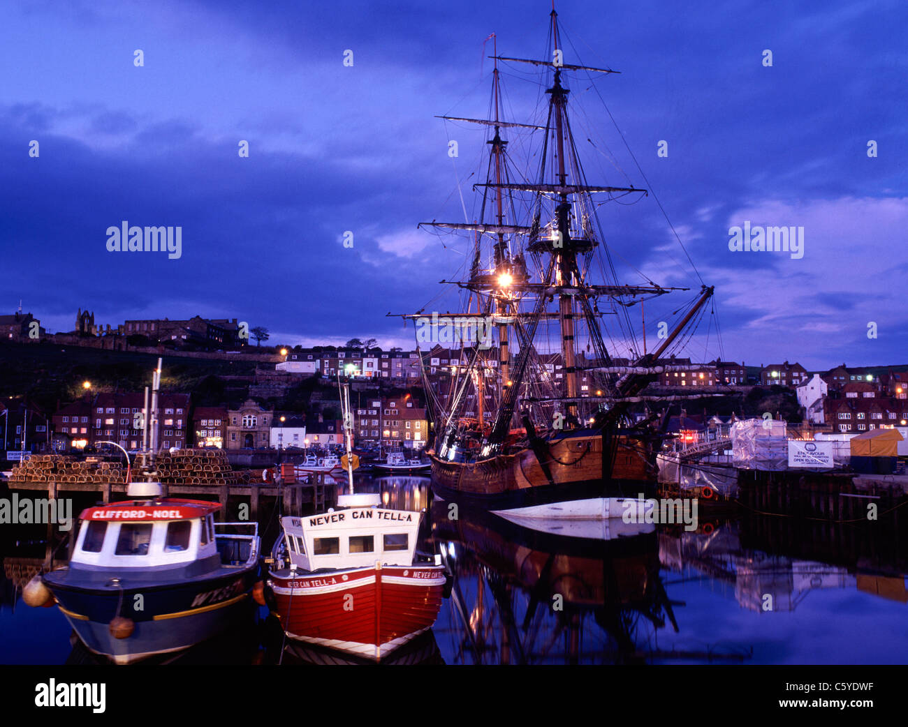 Endeavour replica of James Cook sailing ship at rest Whitby Harbour on ...