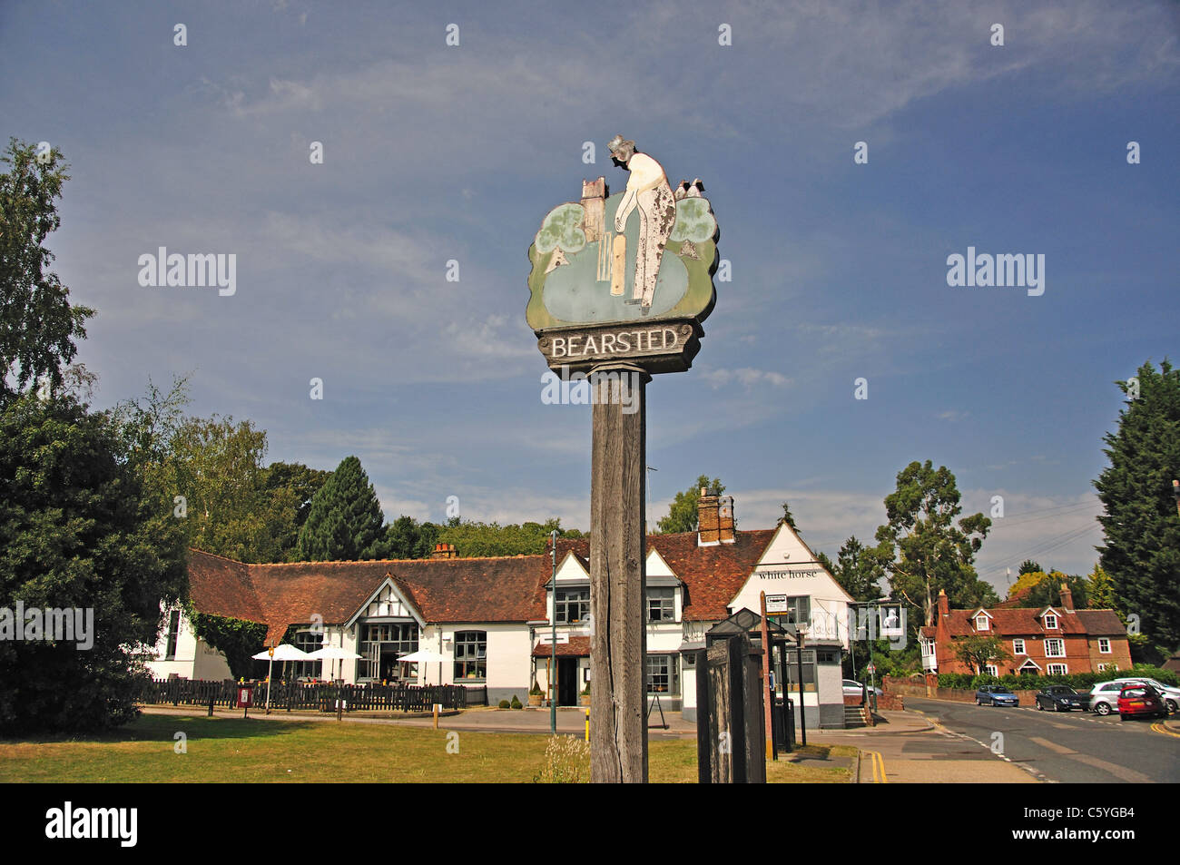 Village sign on The Green, Bearsted, Maidstone District, Kent, England ...