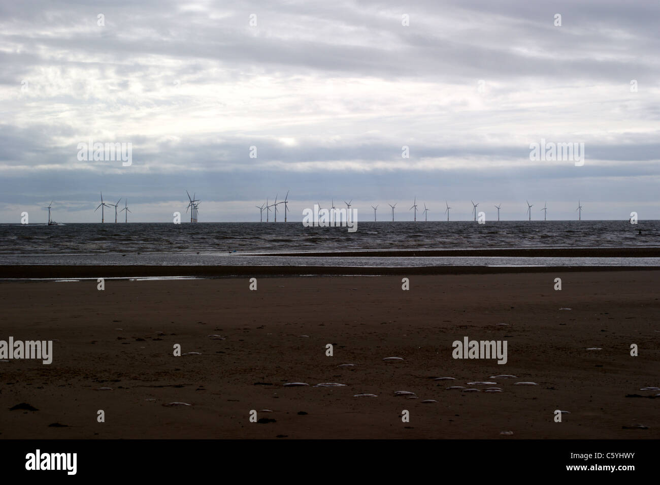 Liverpool wind farm seen from Crosby beach, Merseyside, England Stock ...