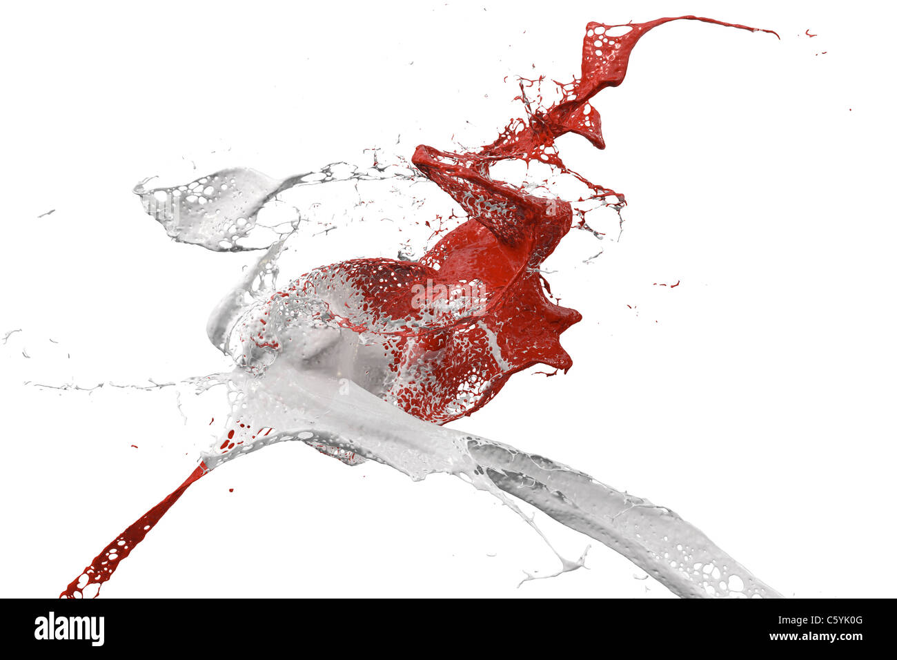 white and red paint splashes collide, isolated on white background ...