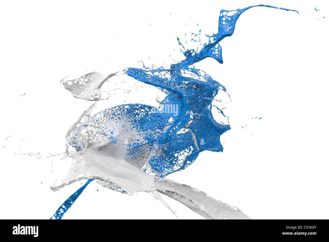 blue and white paint splashes collide, isolated on white background ...