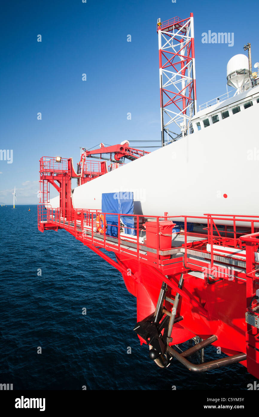 The jack up barge, Kraken, loaded with wind turbines for the Walney ...
