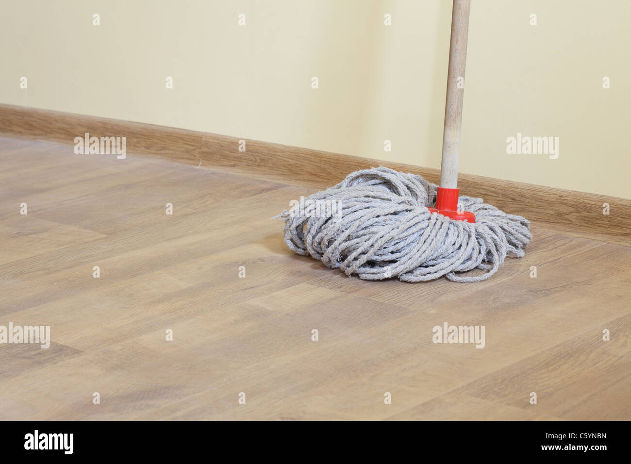 Mop in the room plank flooring Stock Photo - Alamy